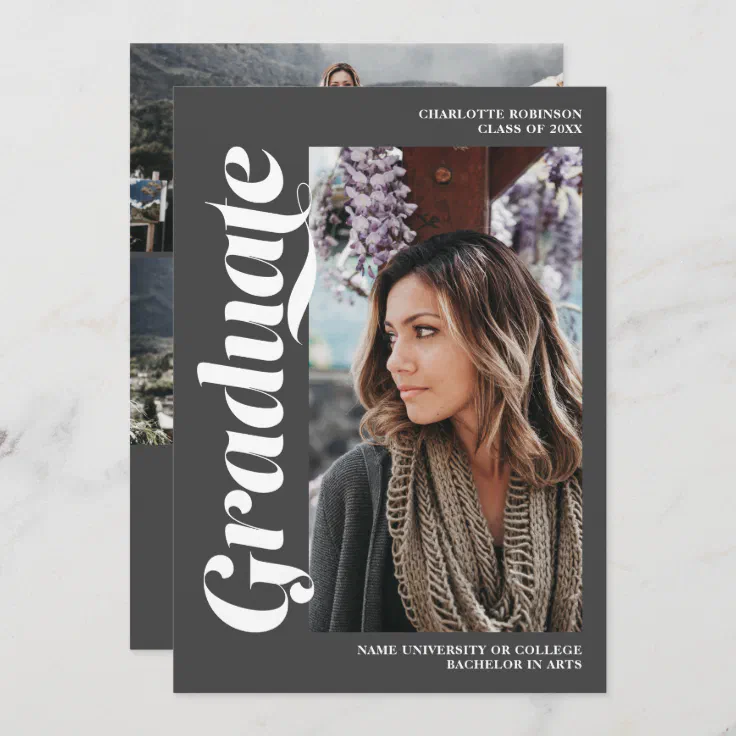Modern gray graduate script photo graduation invitation | Zazzle