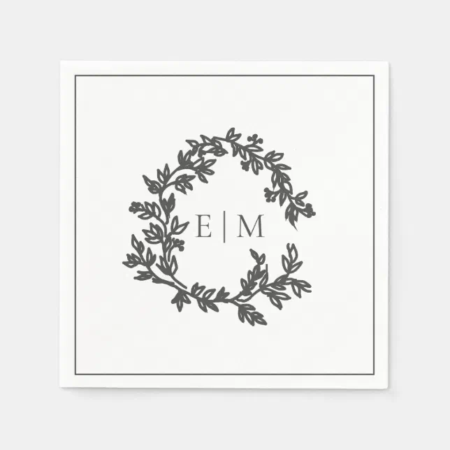 Modern Gray Leafy Crest Monogram Wedding Napkins | Zazzle