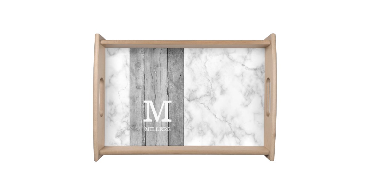 Modern Gray Marble And Wood Family Name Monogram Serving Tray | Zazzle