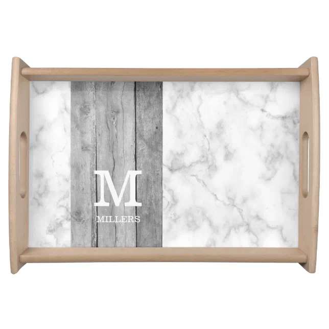 Modern Gray Marble And Wood Family Name Monogram Serving Tray | Zazzle