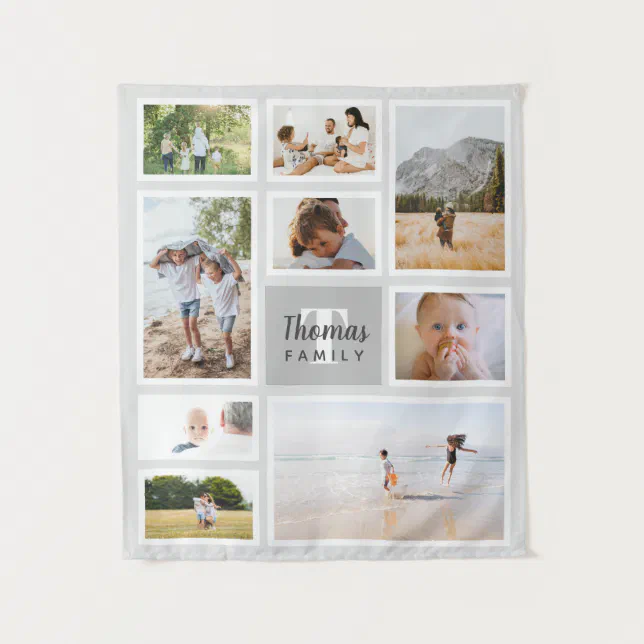 Modern Gray Monochrome Family Photo Collage Tapestry | Zazzle