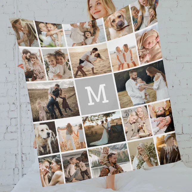 Modern Gray Monogram 22 Photo Collage Fleece Blanket | Zazzle