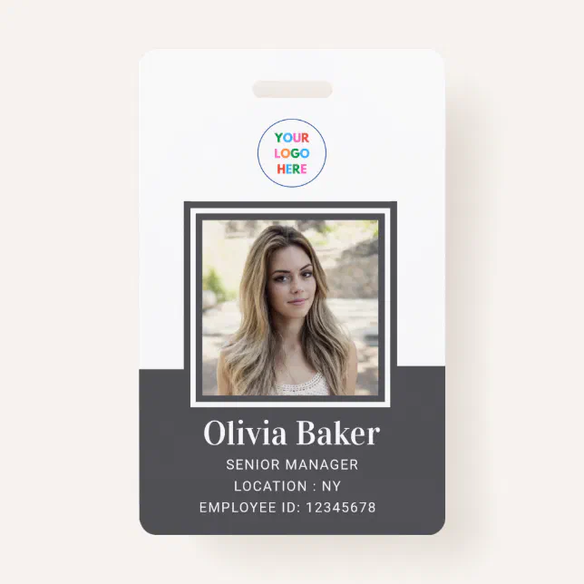 Modern Gray Name Photo Business Logo Employee Badge | Zazzle