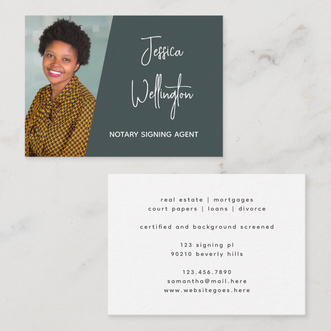 Modern Gray Signature Script Notary Lawyer Photo Business Card | Zazzle
