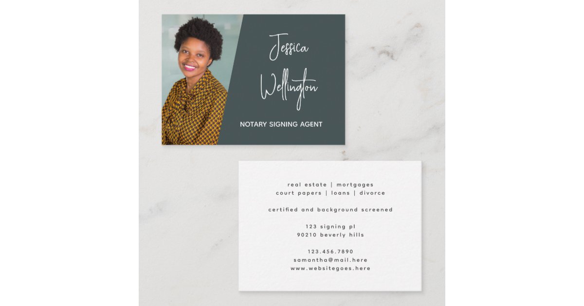 Modern Gray Signature Script Notary Lawyer Photo Business Card | Zazzle