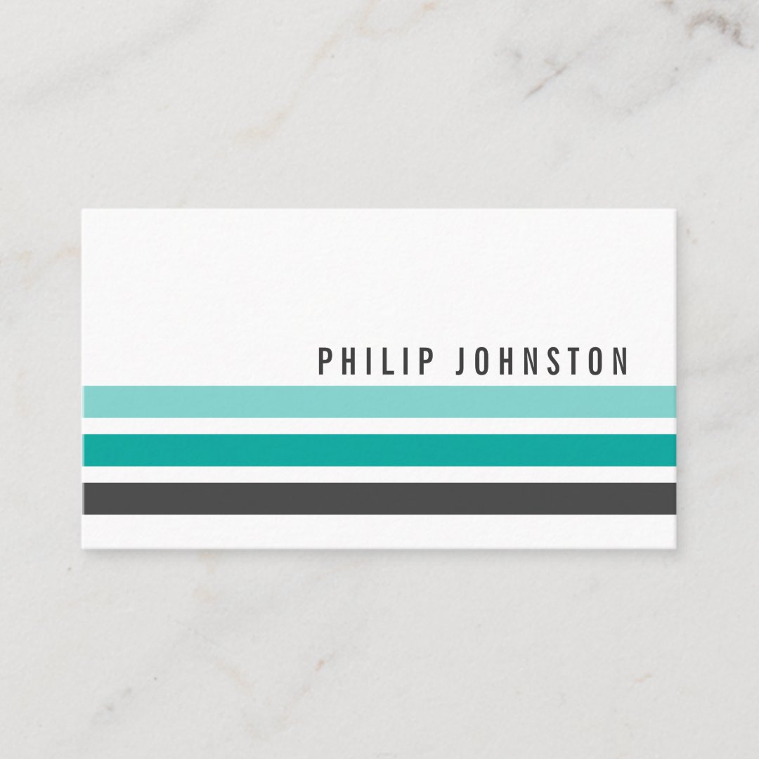 Modern gray teal aqua blue stripes stylish white business card | Zazzle