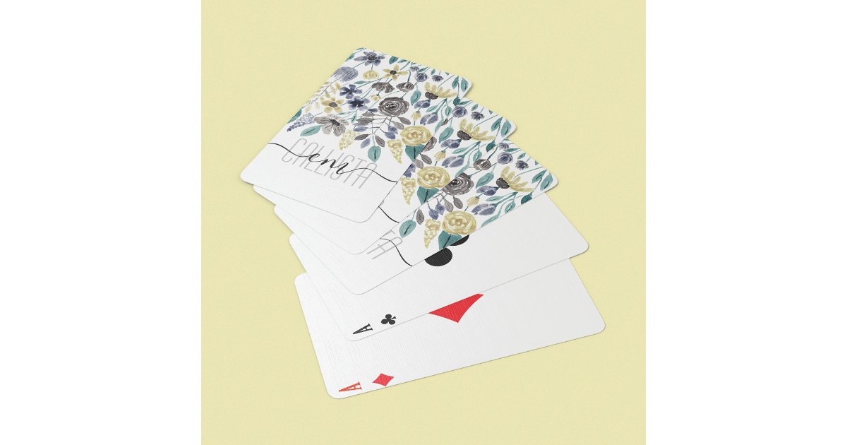 Modern Gray Yellow Floral Watercolor Monogram Poker Cards | Zazzle