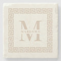 Modern Greek Key Frame Monogram Elegant Blush Stone Coaster | Zazzle