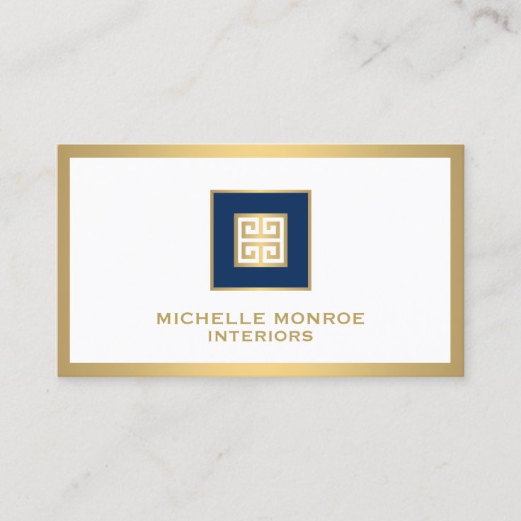 Modern Greek Key Logo Gold/Navy Blue Bordered Business Card | Zazzle