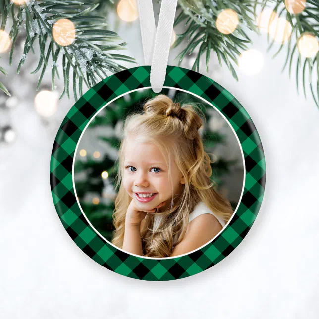 Modern Green and Black Buffalo Plaid Photo Ornament | Zazzle