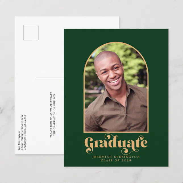 Modern Green and Gold Arch Photo Graduation Announcement Postcard | Zazzle