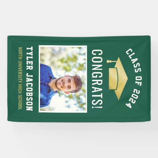 Modern Green and Gold Photo Graduation Party Banner | Zazzle