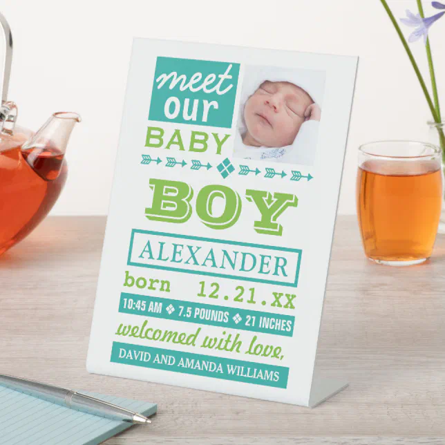 Modern Green Baby Boy Photo Birth Announcement Pedestal Sign | Zazzle