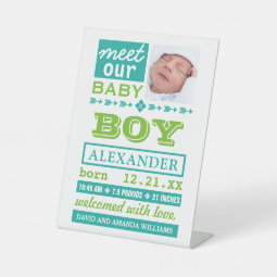 Modern Green Baby Boy Photo Birth Announcement Pedestal Sign | Zazzle