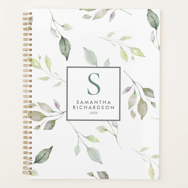 Modern Green Botanical Leaves Watercolor Monogram Planner | Zazzle