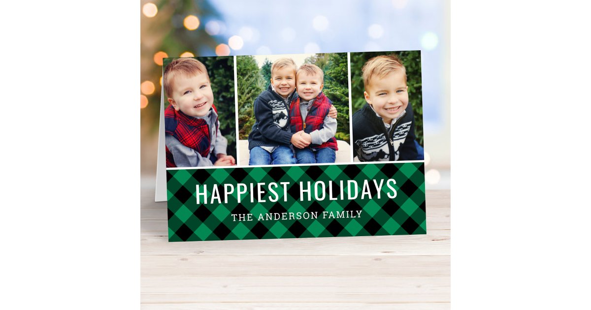 Modern Green Buffalo Plaid Photo Collage Holiday Card | Zazzle
