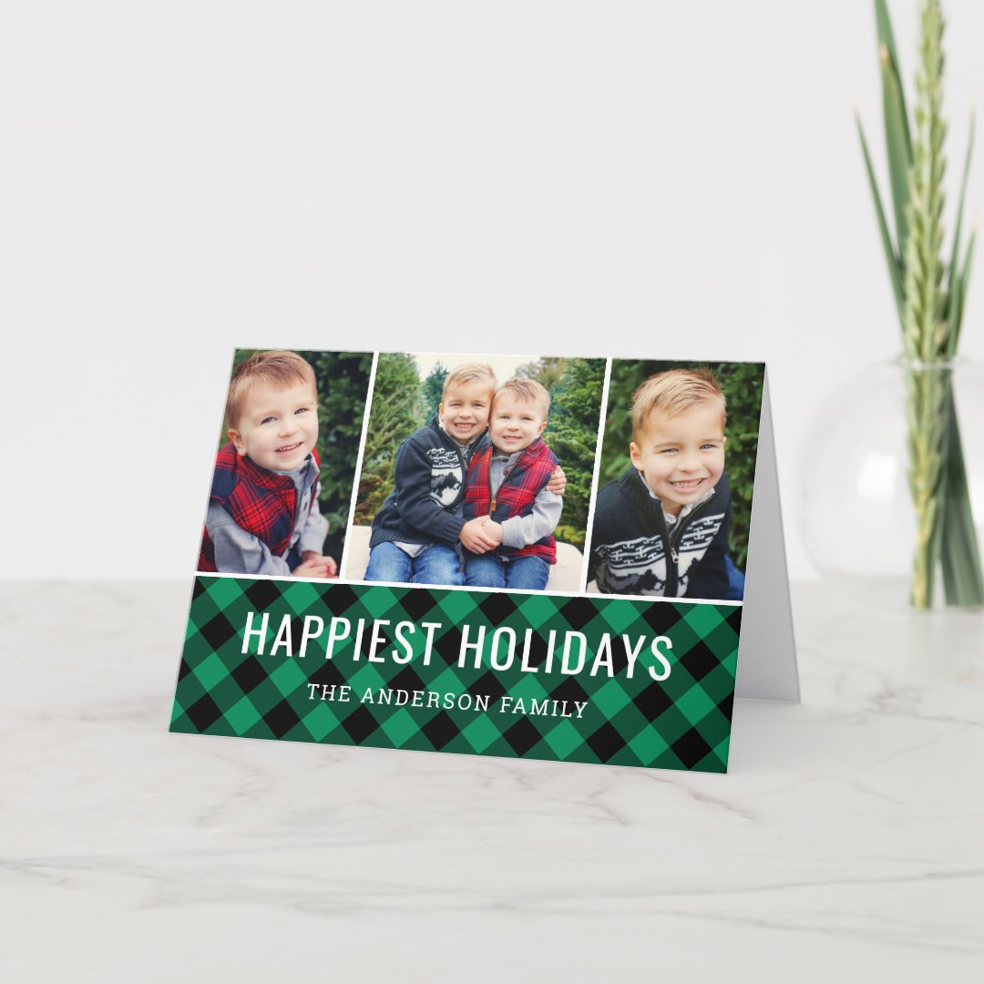 Modern Green Buffalo Plaid Photo Collage Holiday Card | Zazzle