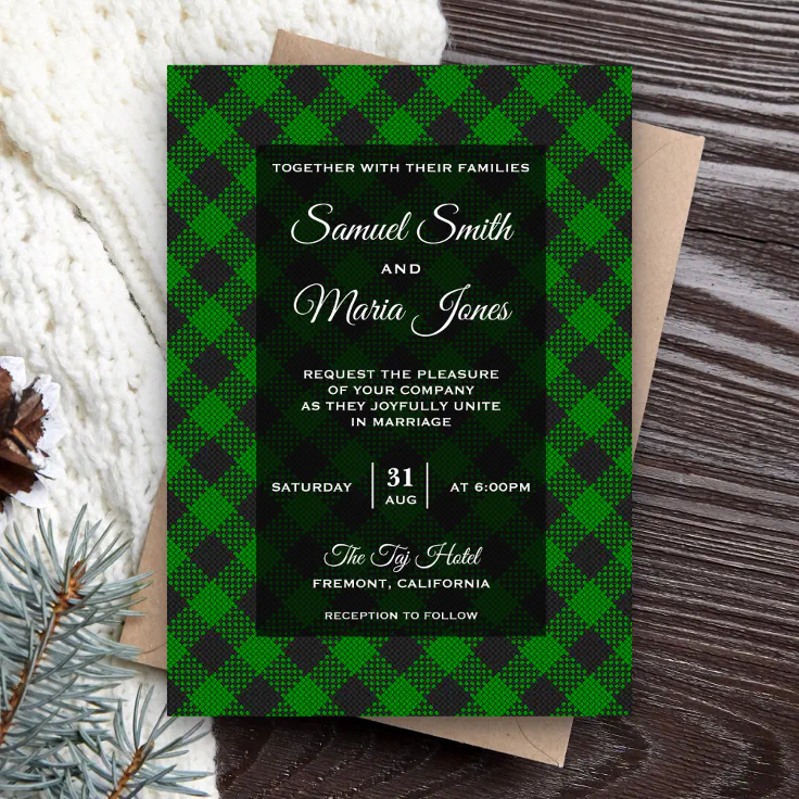 Modern Green Buffalo Plaid Wedding Invitation | Zazzle