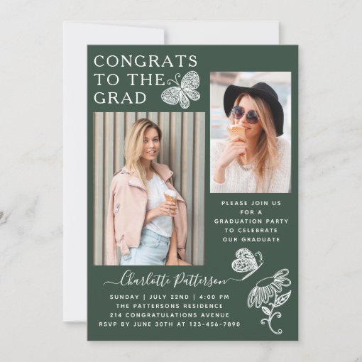 Modern Green Butterfly Photo Graduation Party Invitation | Zazzle