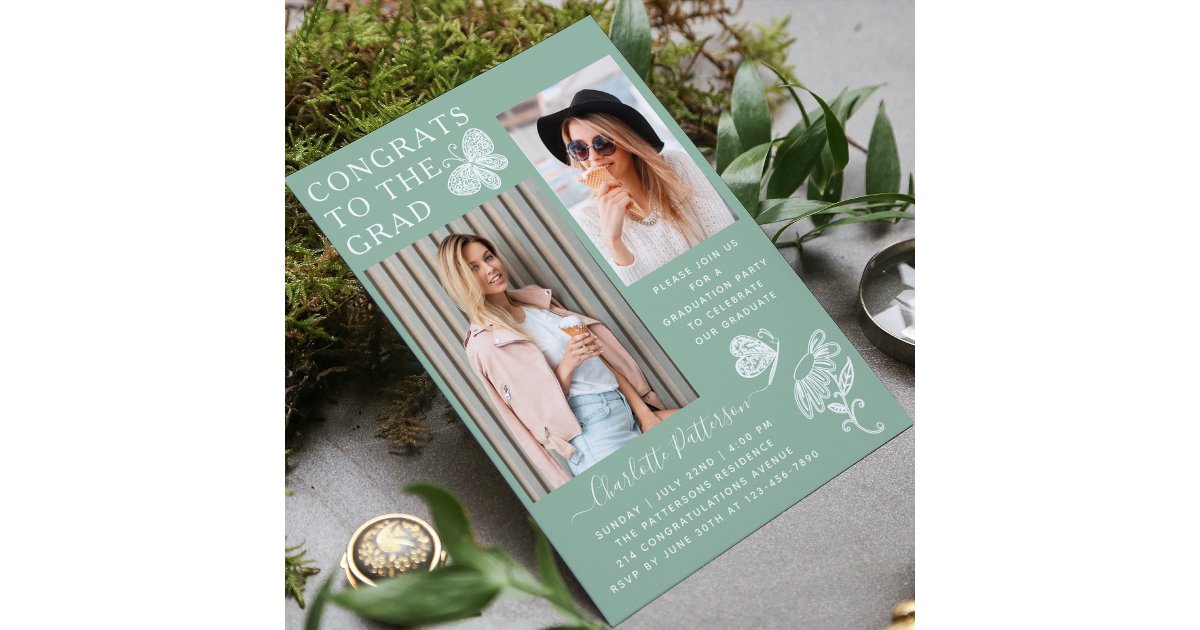 Modern Green Butterfly Photo Graduation Party Invitation | Zazzle