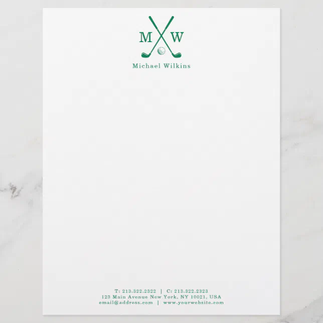Modern Green Crossed Golf Club Ball Monogram Letterhead | Zazzle