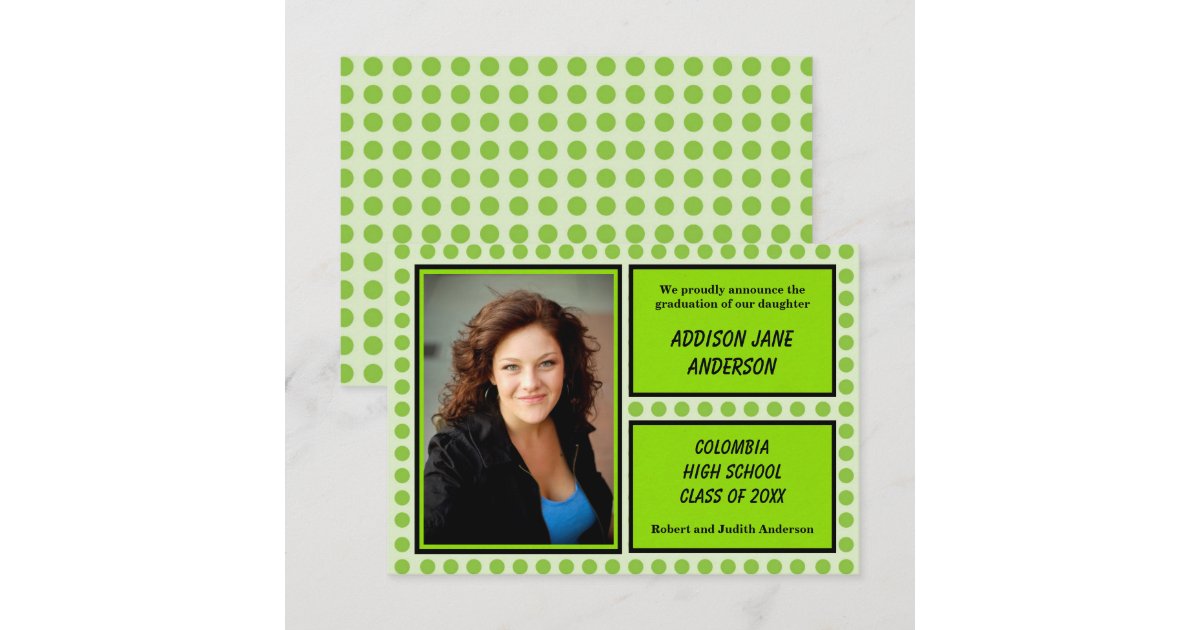Modern Green Dots with Photo-3x5 Grad Announcement | Zazzle
