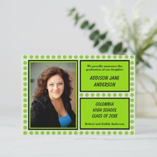 Modern Green Dots with Photo-3x5 Grad Announcement | Zazzle