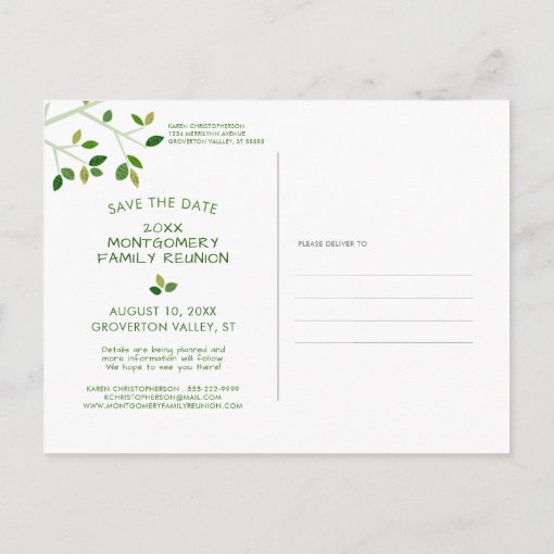 Modern Green Family Reunion Tree SAVE THE DATE Invitation Postcard | Zazzle