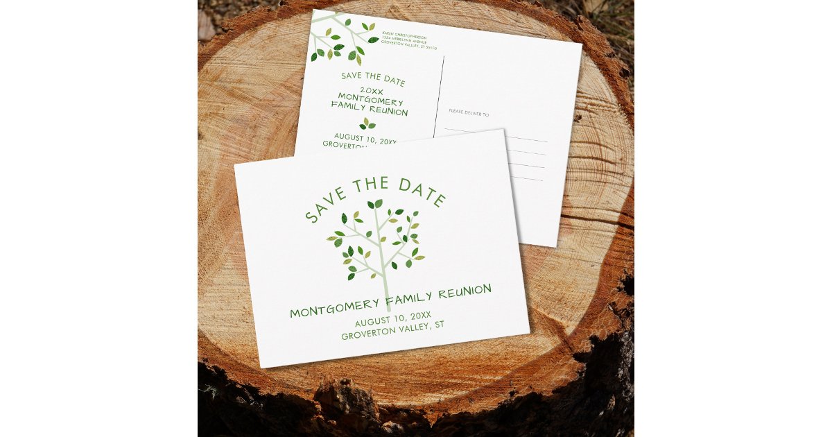 Modern Green Family Reunion Tree SAVE THE DATE Invitation Postcard | Zazzle