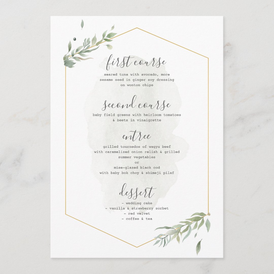 Modern Green Foliage Gold Frame Wedding Menu | Zazzle