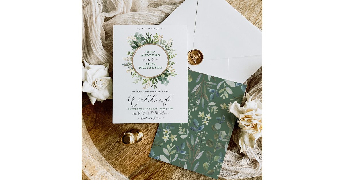 Modern Green Gold Botanical Greenery Wedding Invitation | Zazzle