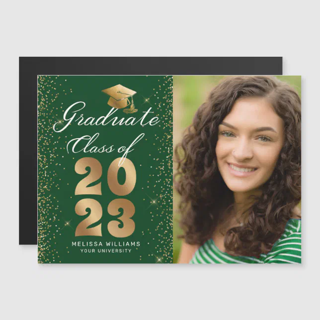 Modern Green Gold Script Cap Glitter Photo Grad | Zazzle