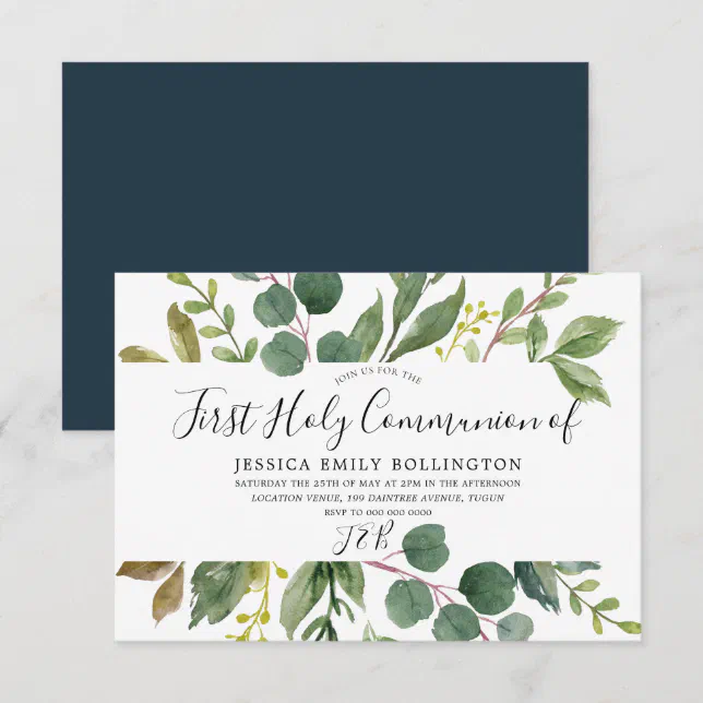 Modern Green Leaf First Holy Communion Invitation | Zazzle
