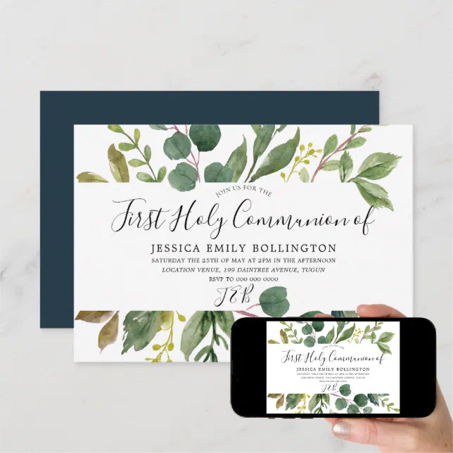 Modern Green Leaf First Holy Communion Invitation | Zazzle