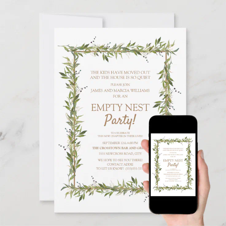 Modern Green Leaves Gold Empty Nest Party Invitation | Zazzle
