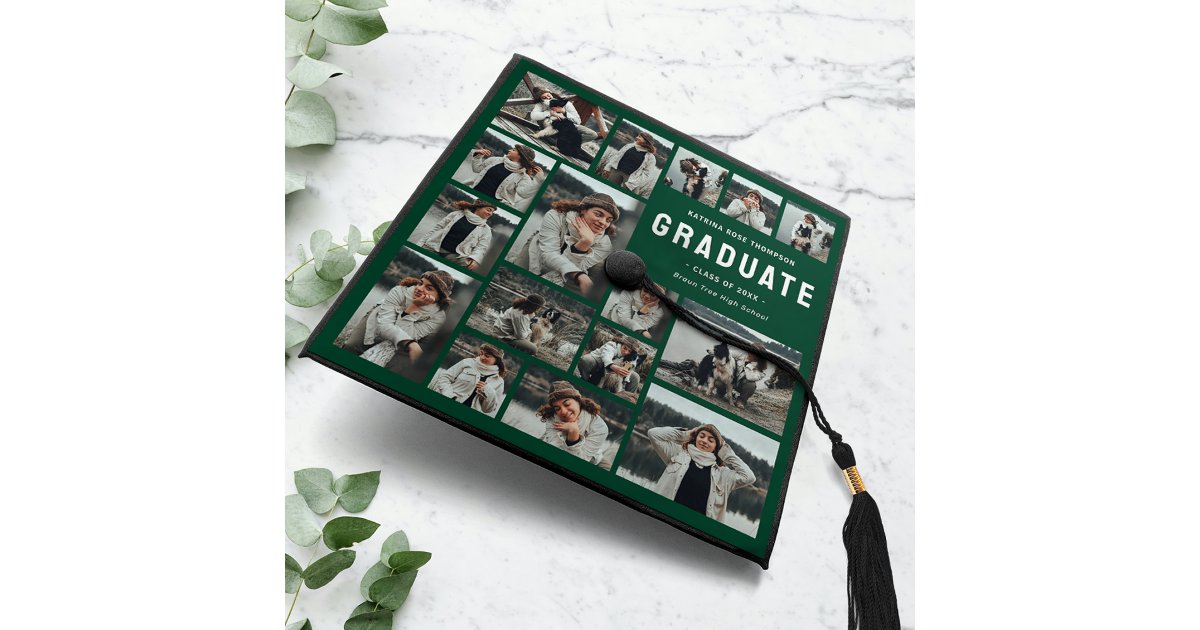 Modern Green Multi Photo Graduation Cap Topper | Zazzle