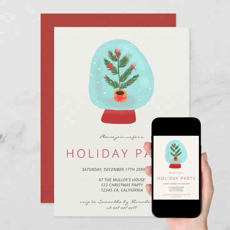 Modern green pink snow globe Christmas tree party Invitation | Zazzle