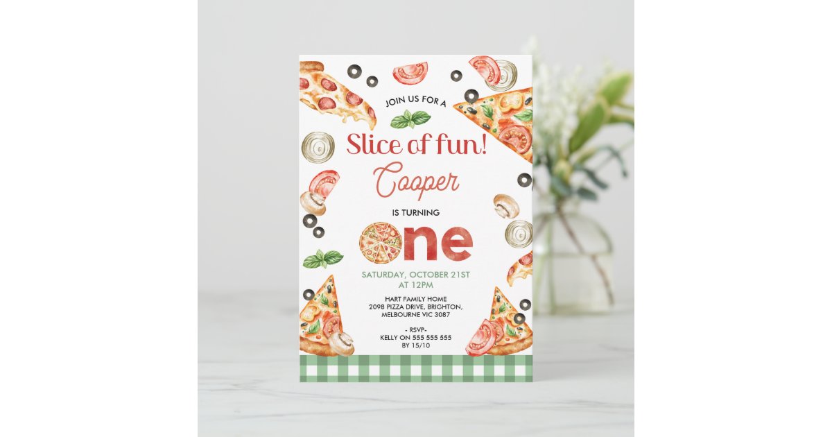 Modern Green Plaid Pizza Slice Of Fun 1st Birthday Invitation | Zazzle