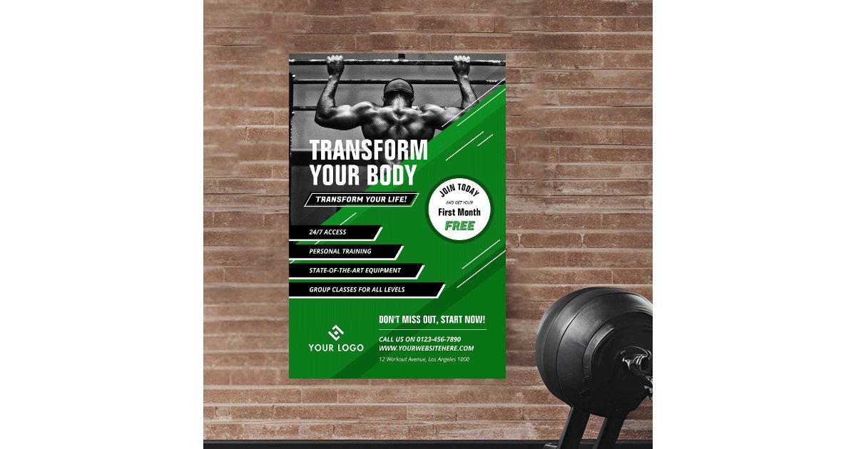 Modern Green Promotional Gym Photo Fitness Poster | Zazzle