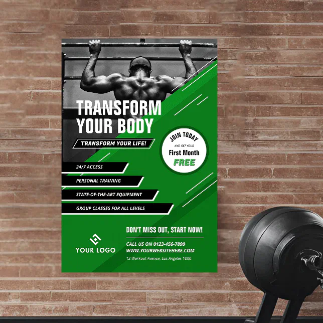 Modern Green Promotional Gym Photo Fitness Poster | Zazzle