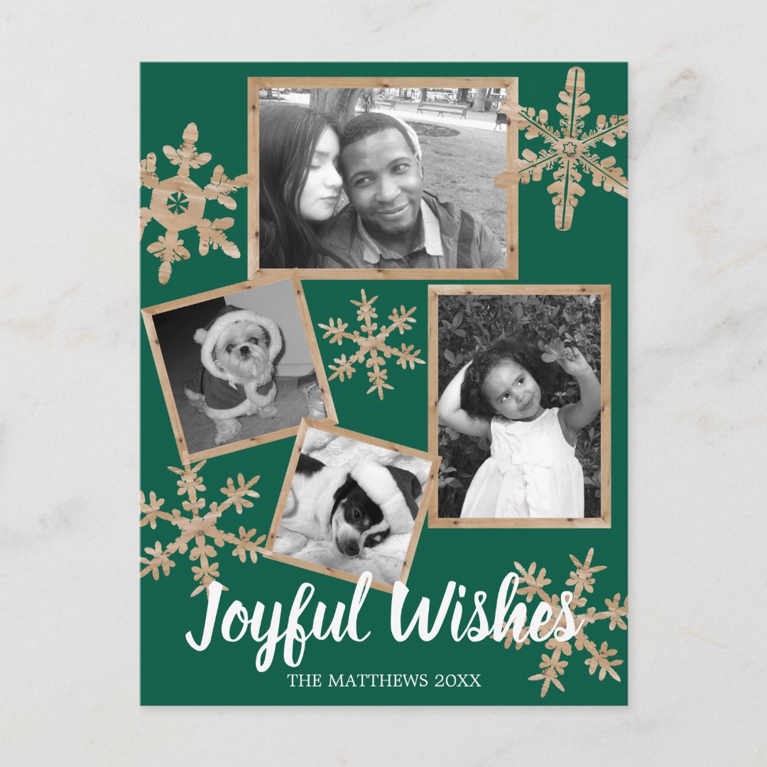 Modern Green Rustic Snowflake 4 Photo Christmas Postcard | Zazzle