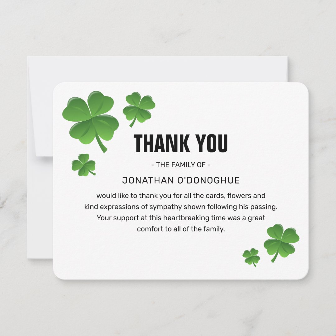 Modern Green Shamrock Clover Bereavement Funeral Thank You Card | Zazzle