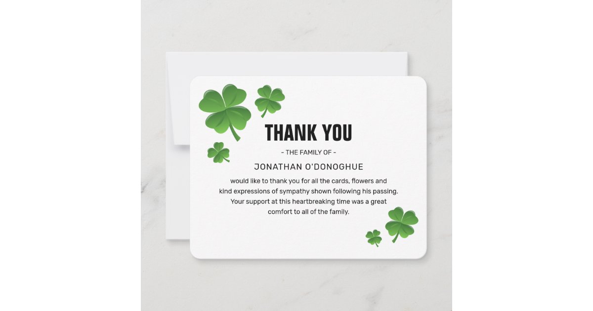 Modern Green Shamrock Clover Bereavement Funeral Thank You Card | Zazzle