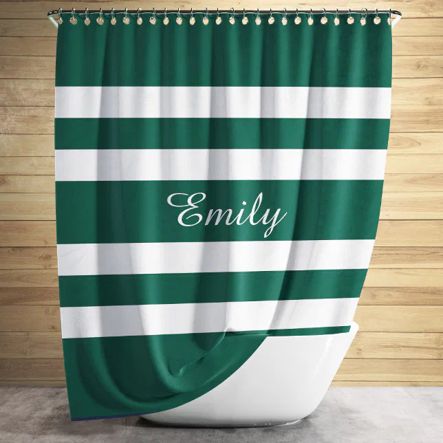Modern Green Stripes Pattern Name Shower Curtain | Zazzle