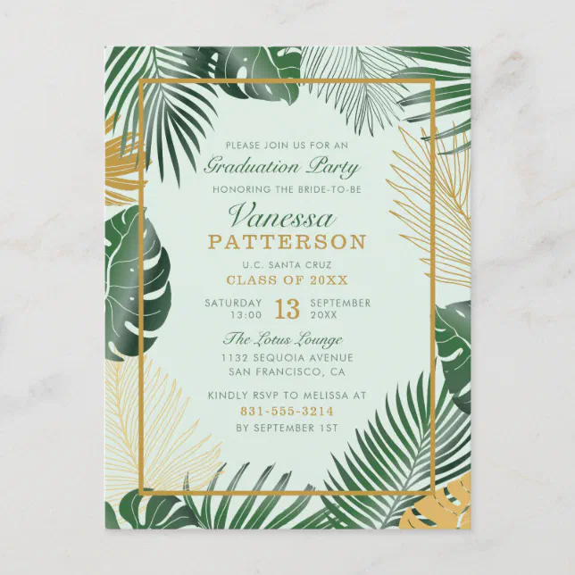Modern Green Tropical Leaves Modern Graduation Invitation Postcard | Zazzle