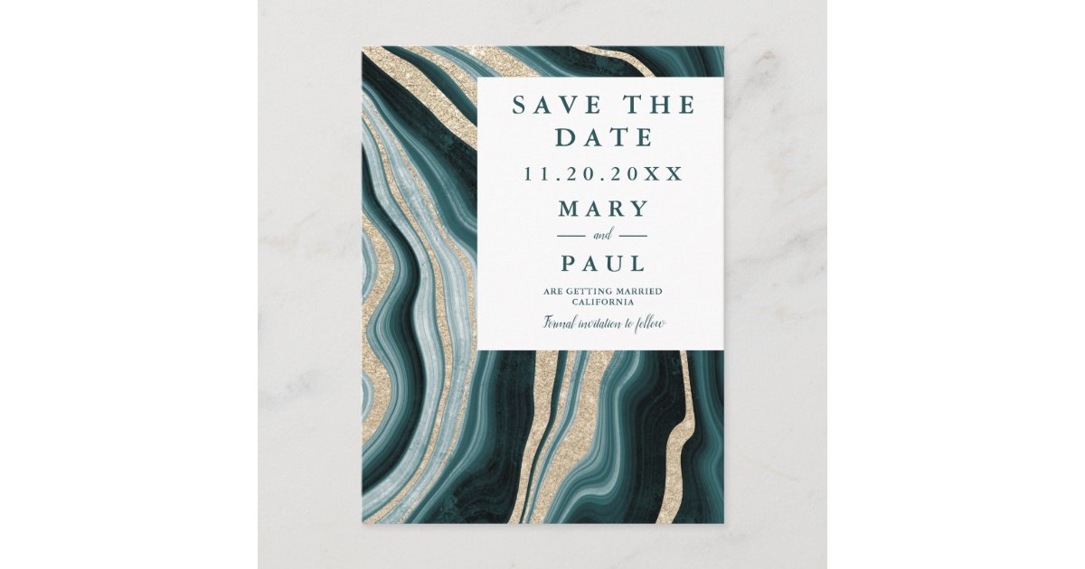 Modern green turquoise agate marble save the date announcement postcard ...
