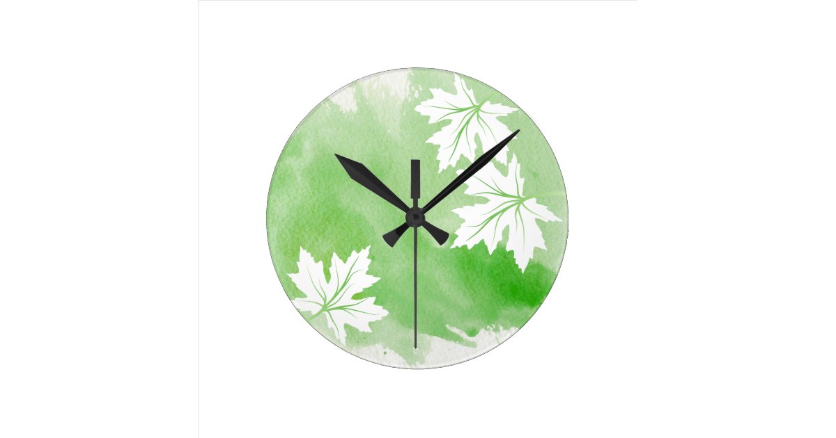 Modern green watercolor maple leaves round clock | Zazzle.com