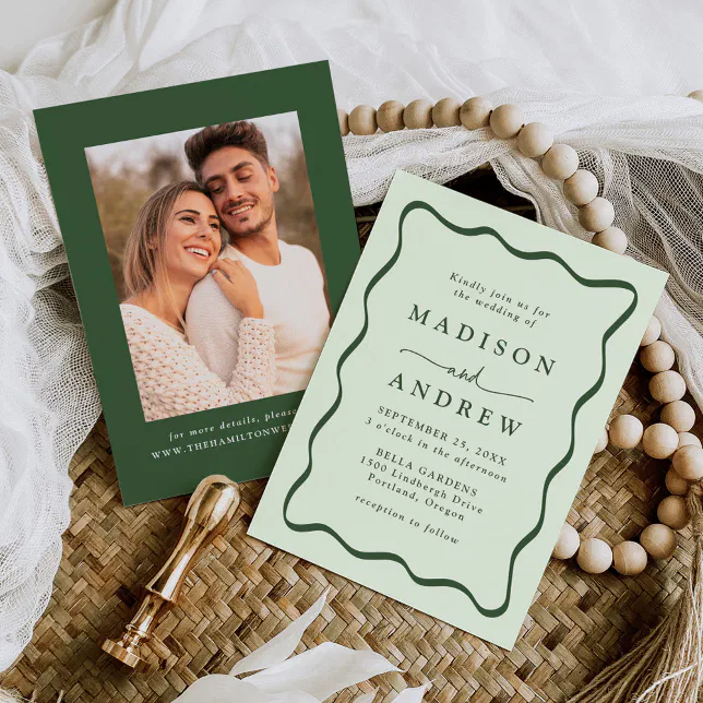 Modern Green Wavy Frame Photo Wedding Invitation | Zazzle