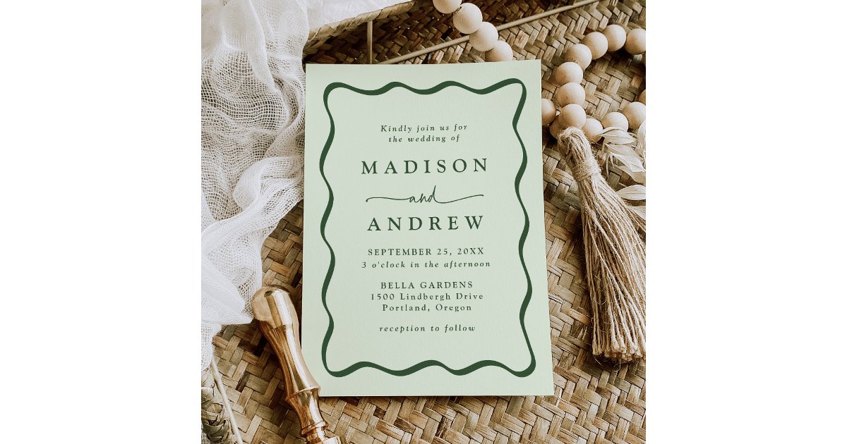 Modern Green Wavy Frame Wedding Invitation | Zazzle