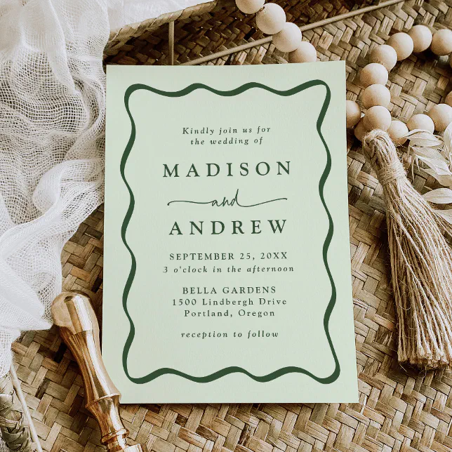 Modern Green Wavy Frame Wedding Invitation | Zazzle